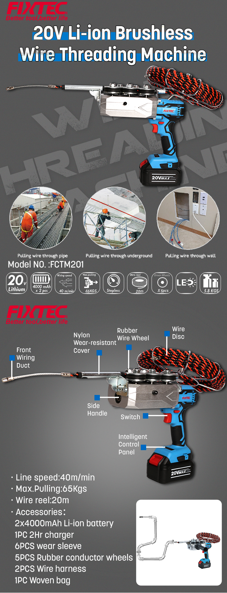 FIXTEC 20V Li-ion Brushless Wire Threading Machine