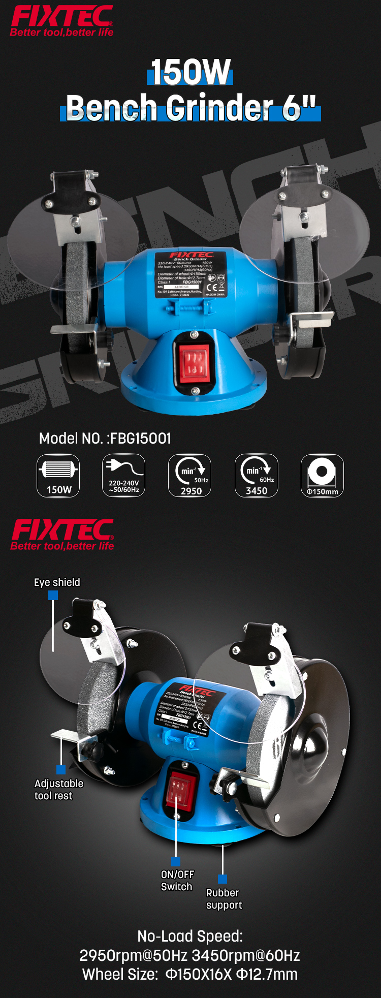 FIXTEC 6" Bench Grinder