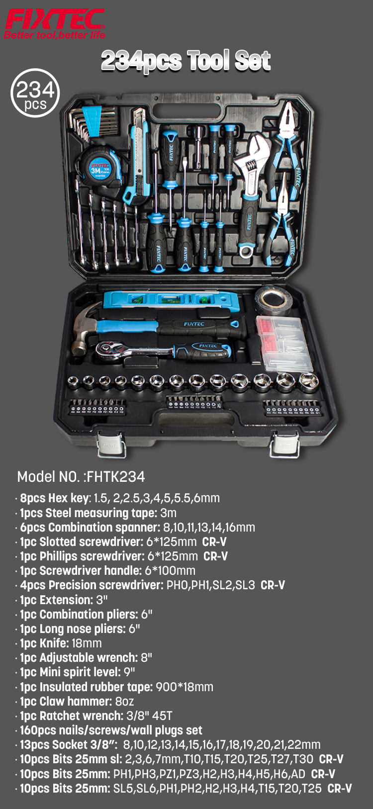 FIXTEC 234Pcs Tool Set