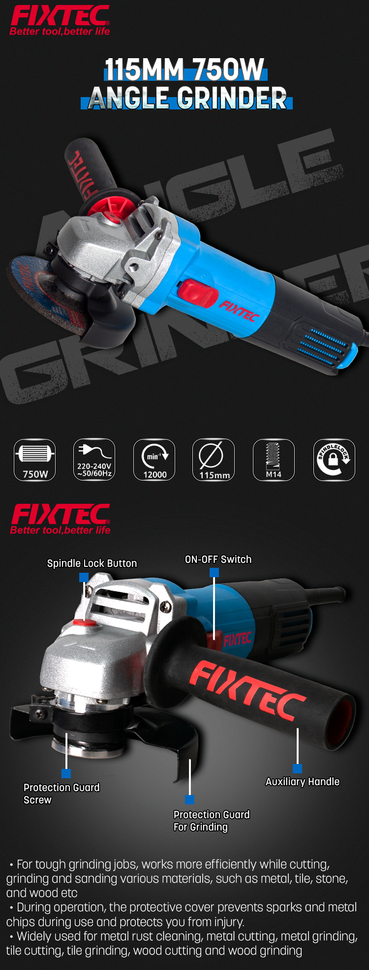 FIXTEC 750W 4.5Inch Angle Grinder
