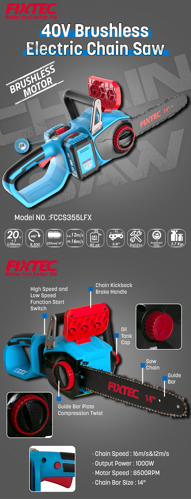 FIXTEC 40V Brushless Electric Chain Saw